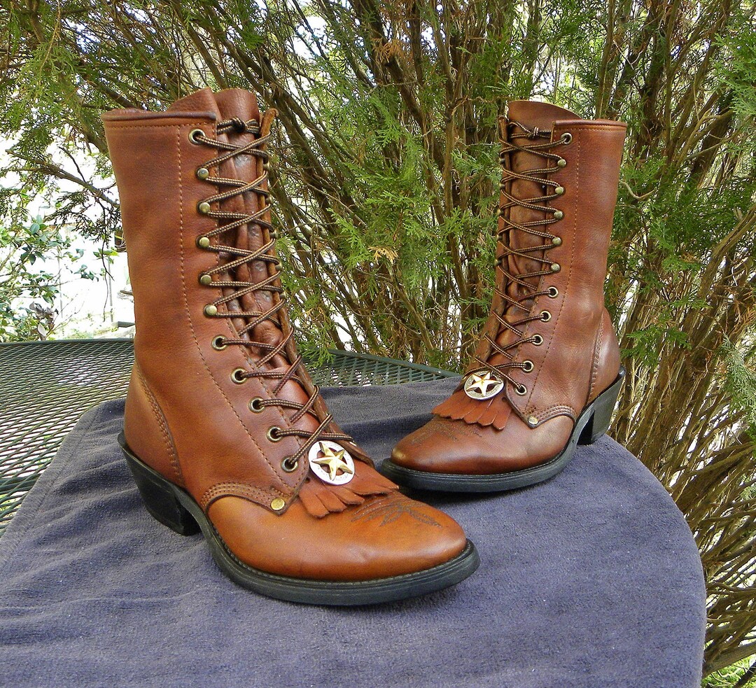 Vintage USA TEXAS Brand Leather Western PACKER Boots Lace up Kilties W ...
