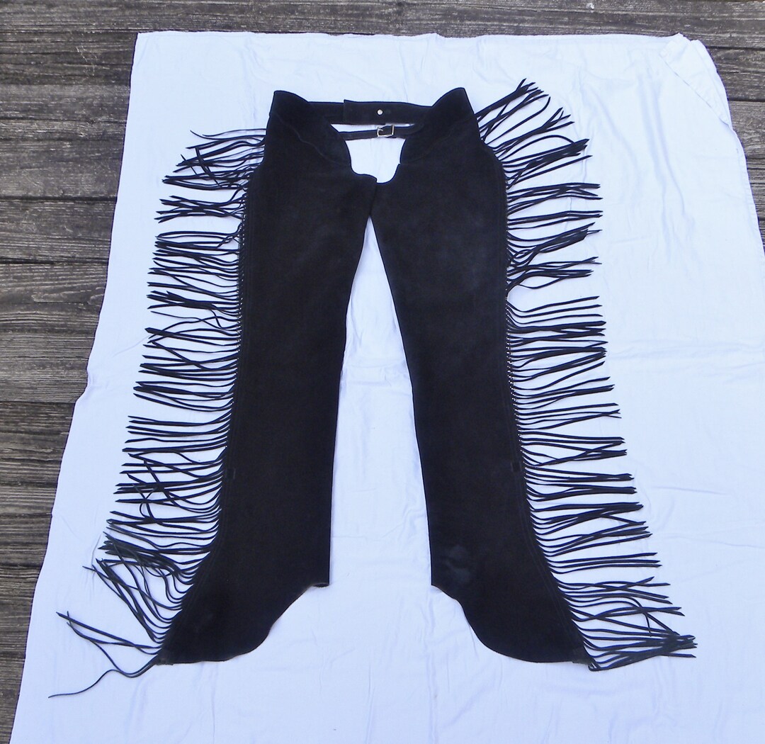 Vintage USA CIRCLE Y Suede Leather CHAPS Western Fringed Black Show ...