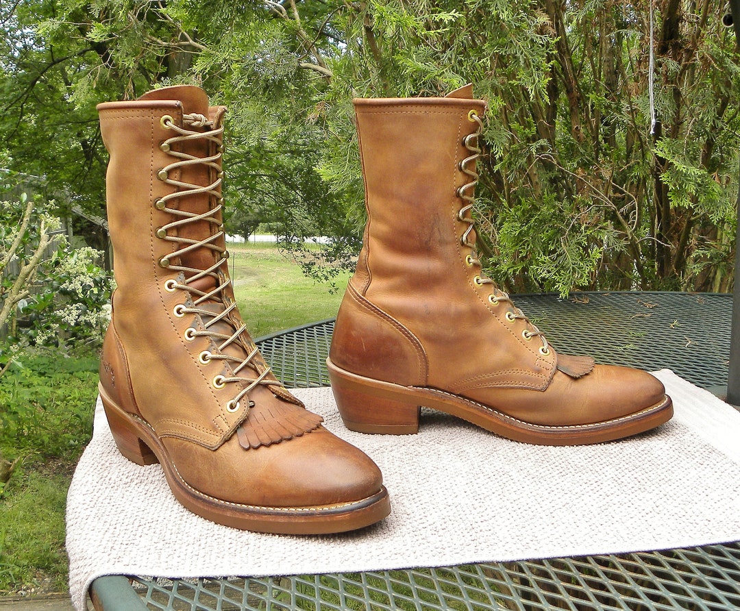 Vintage PD Tuff USA Leather 10 PACKER Union Made Western Boots Lace up ...