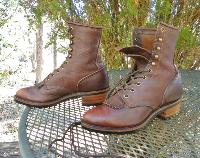 Vintage PD Tuff USA Oiled Leather PACKER Boots Brown Western Lace up ...