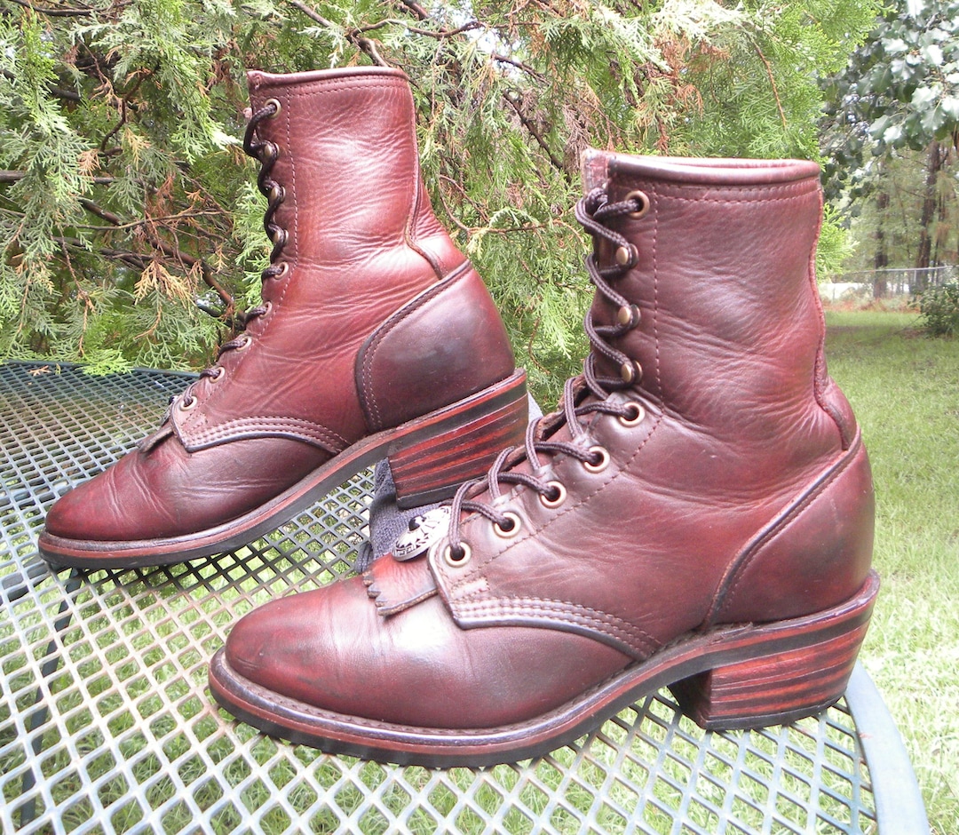 Vintage PD Tuff USA Leather PACKER Western Boots Mahogany Working Lace ...