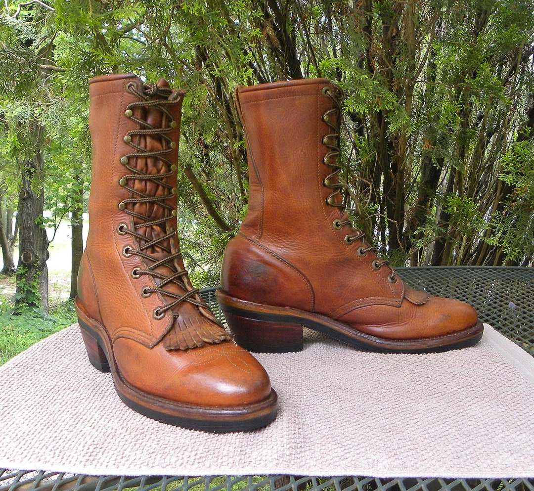 Vintage CHIPPEWA USA Leather Packer Western Boots -saddle Brown Lace up ...