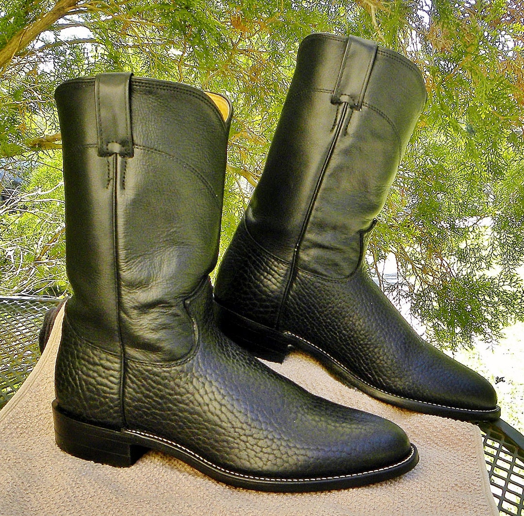 Vintage Justin USA 10" BULLHIDE Leather Western Boots Black ROPER Boots ...