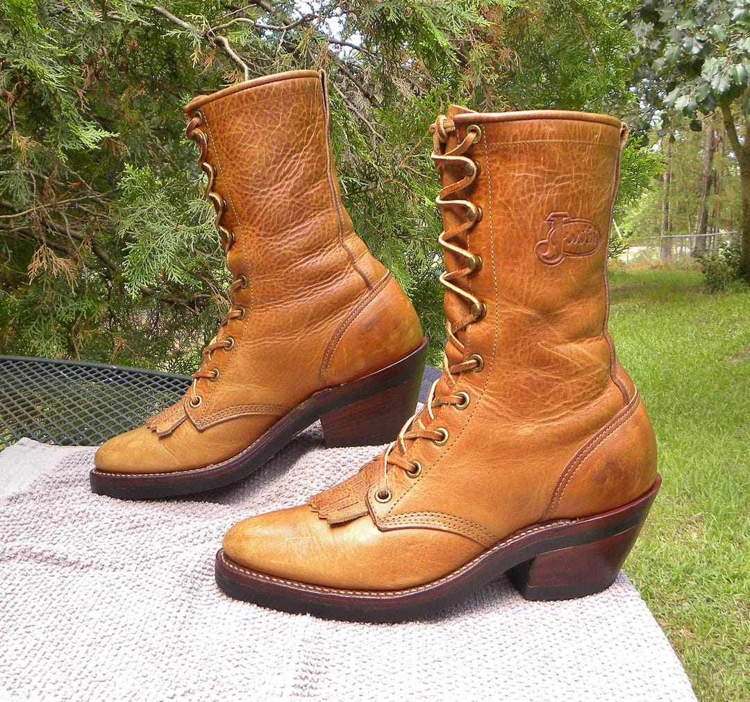 Vintage Justin Boots USA Leather 9" PACKER Boots Western Lace up Ropers ...