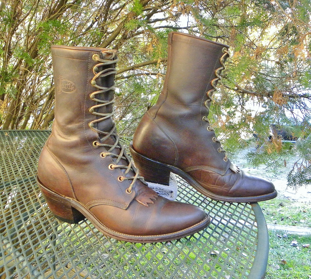 Vintage Justin USA Leather PACKER Boots Apache Brown Western Lace up ...