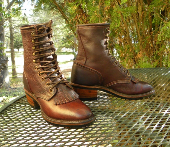 PD Tuff USA Leather PACKER Boots brown Western Lace u… - Gem