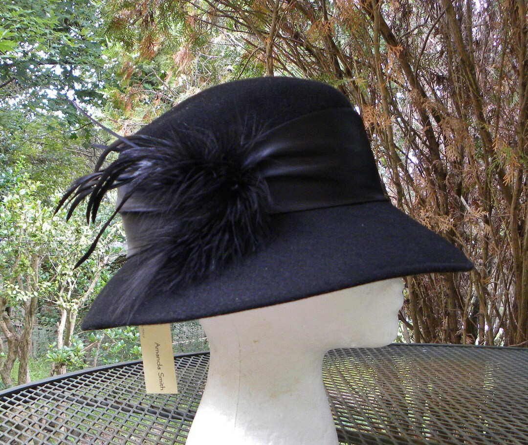 Vintage Italy NOS Amanda Smith Buggy Hat- Black Wool Felt Fedora W ...