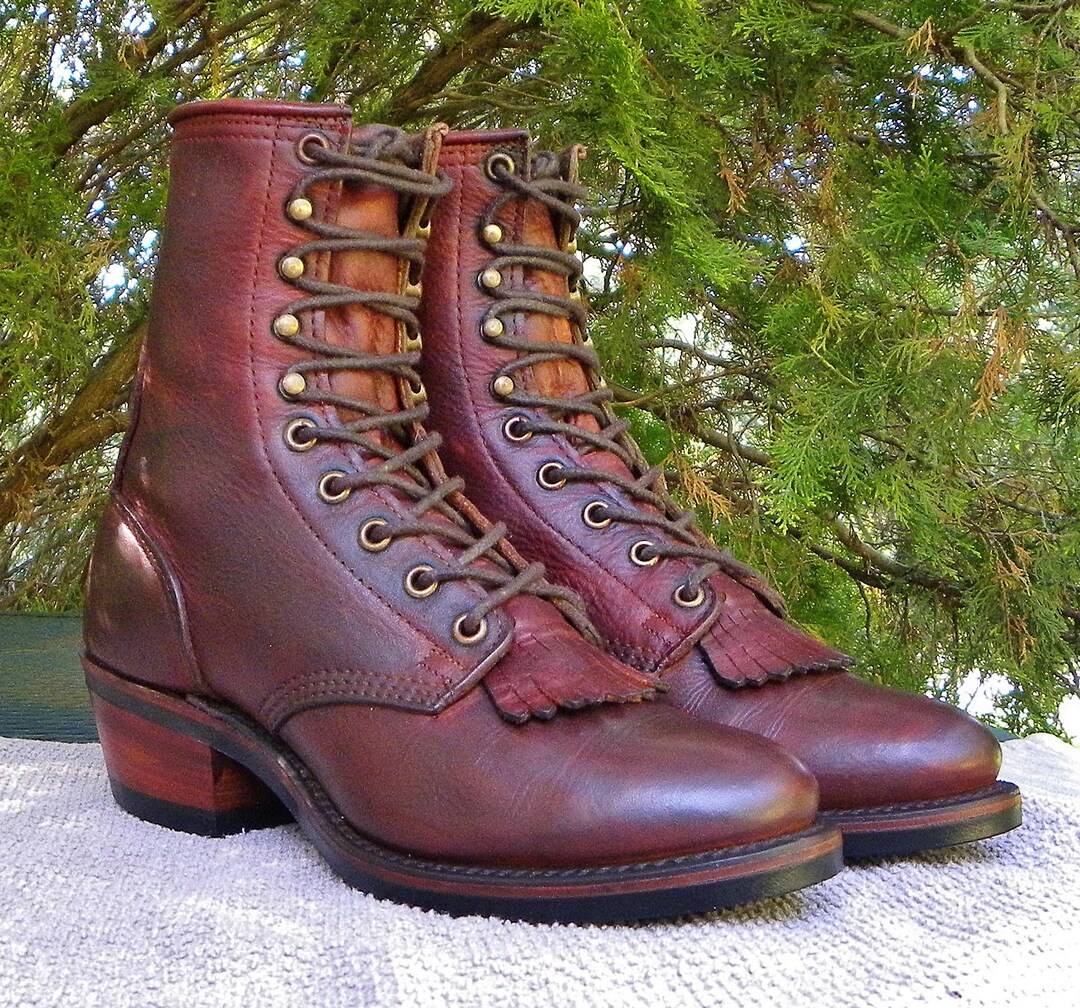 Vintage PD Tuff USA Leather PACKER Boots Brown Western Lace up Stacked ...