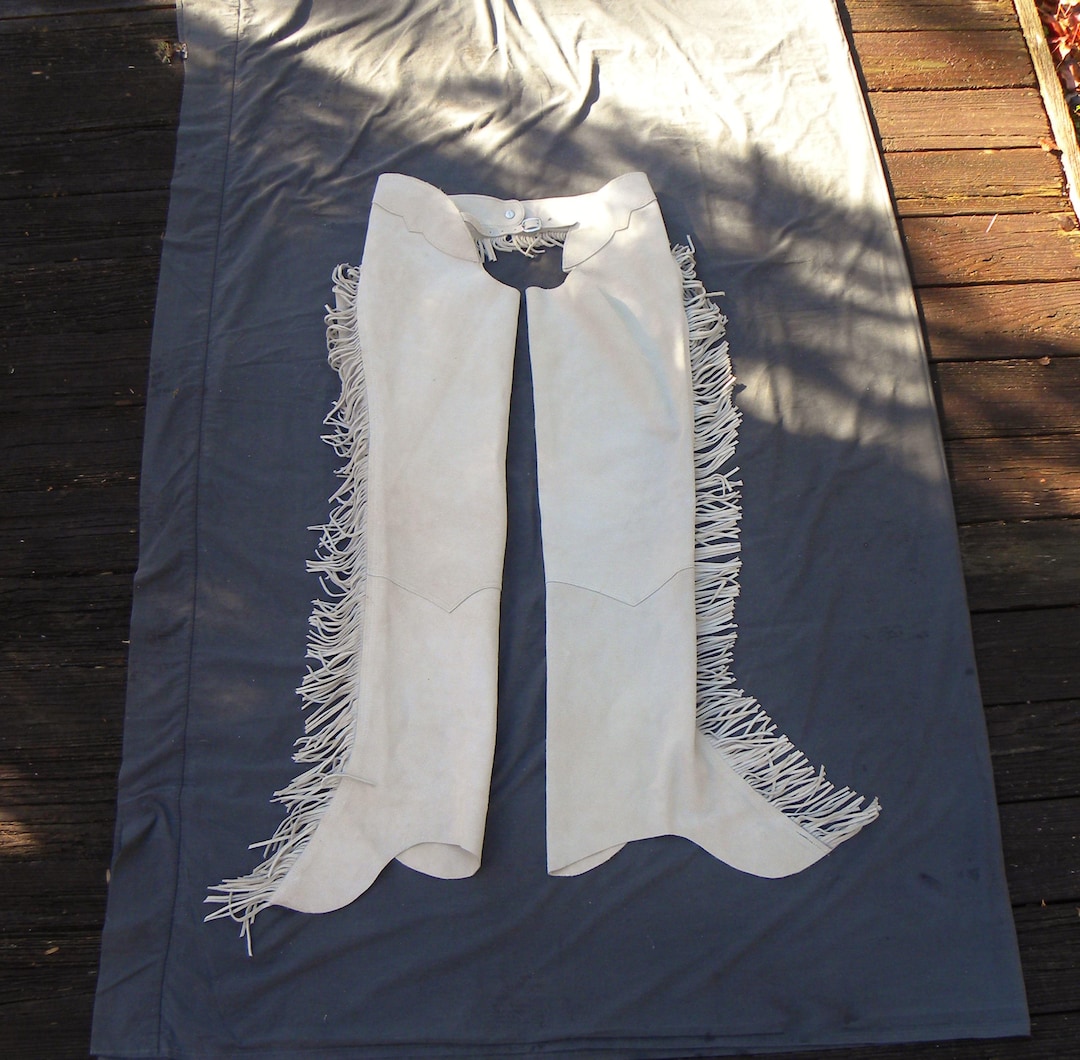 Vintage Suede Leather WESTERN CHAPS-- Beige 4" Fringe Heel Drops ...
