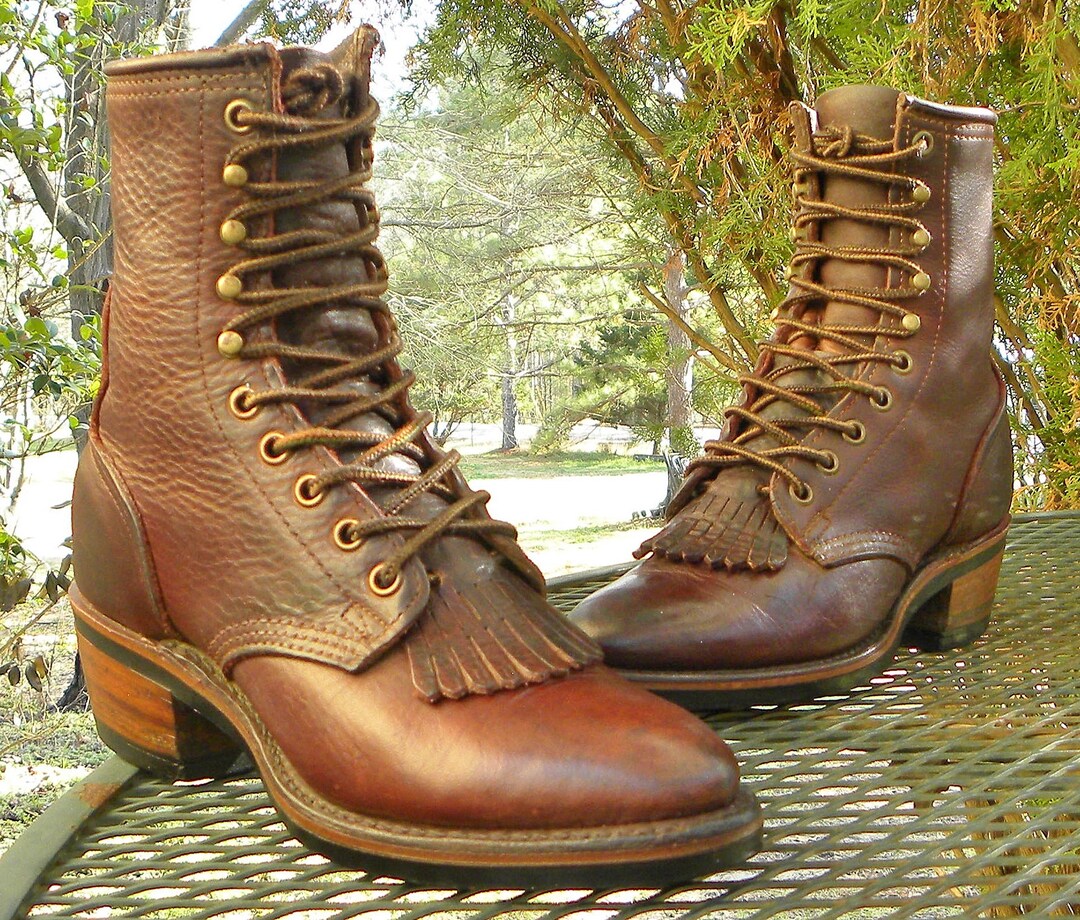 PD Tuff USA Leather PACKER Boots Brown Western Lace up Stacked Heels ...