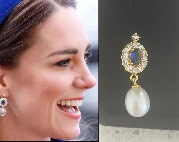 Kate Middleton Natural Pearl Signature Sapphire Earrings Yellow Gold ...