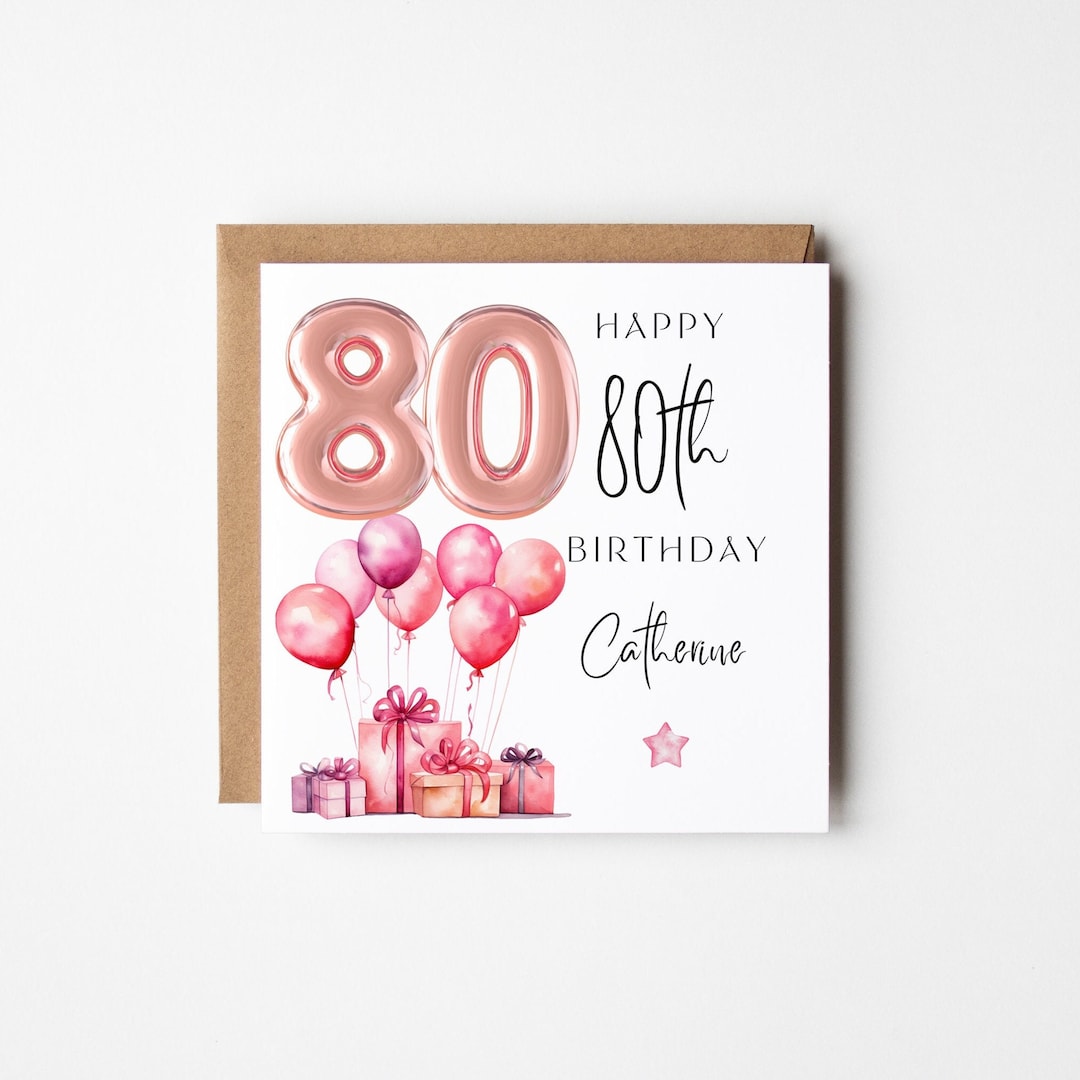 PRINTABLE Pink 80th Birthday Card, Pink Balloons & Presents, Happy ...
