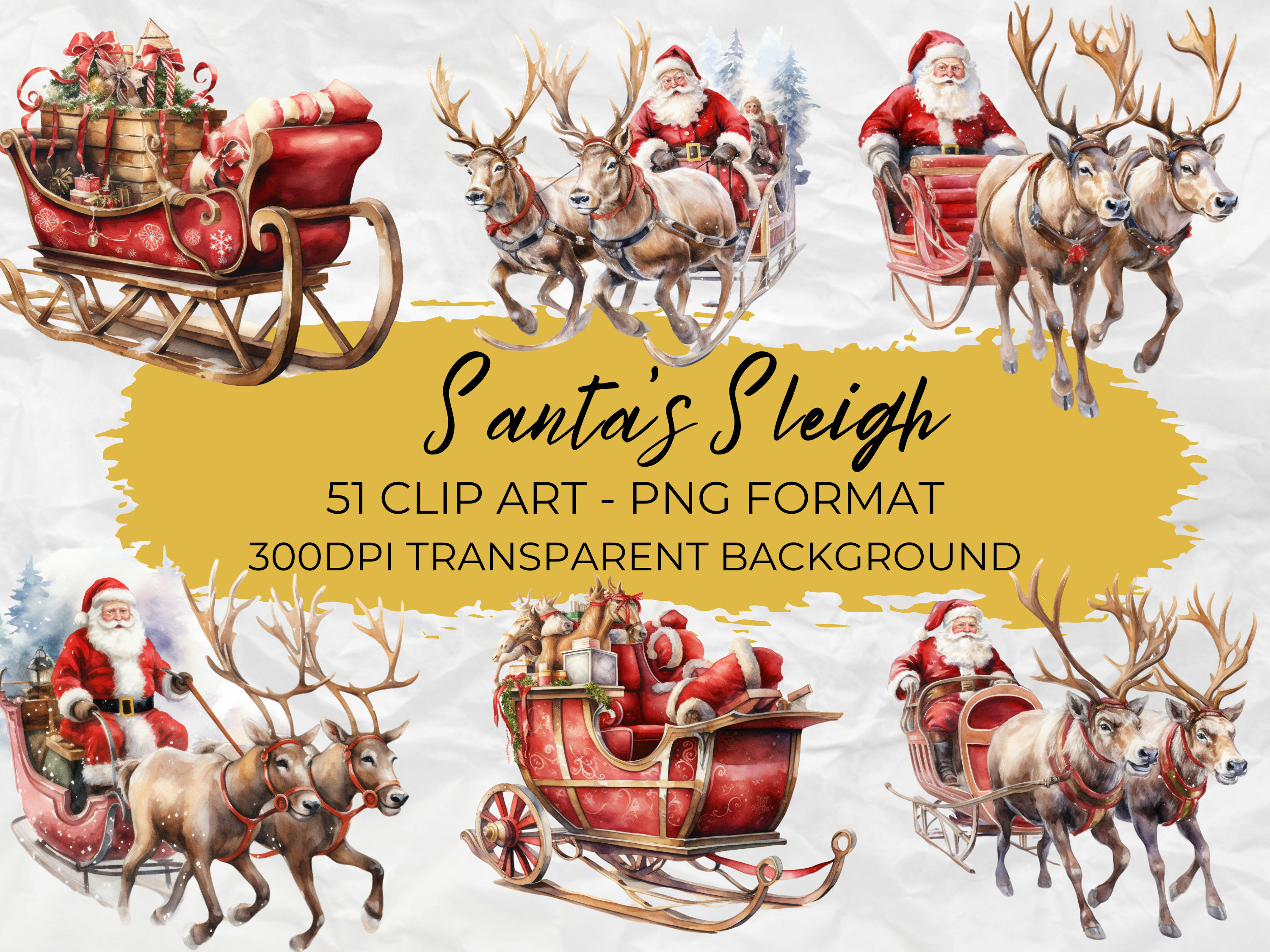 Santa's Sleigh Clip Art Christmas Clip Art Sleigh PNG Santa Decor ...