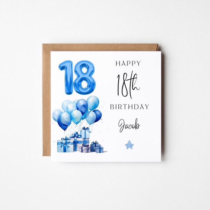 Blue 18th Birthday Card, Blue Balloons & Presents, Personalised Name ...
