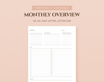 Monthly Overview Printable Planner Month on One Page - Etsy