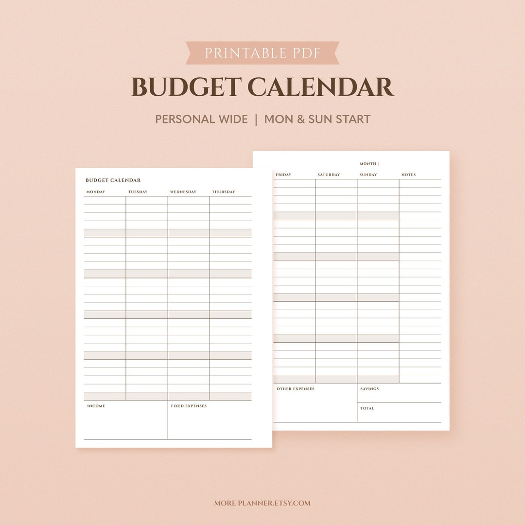 Personal Wide Budget Calendar Printable Inserts Monthly Budget Planning ...