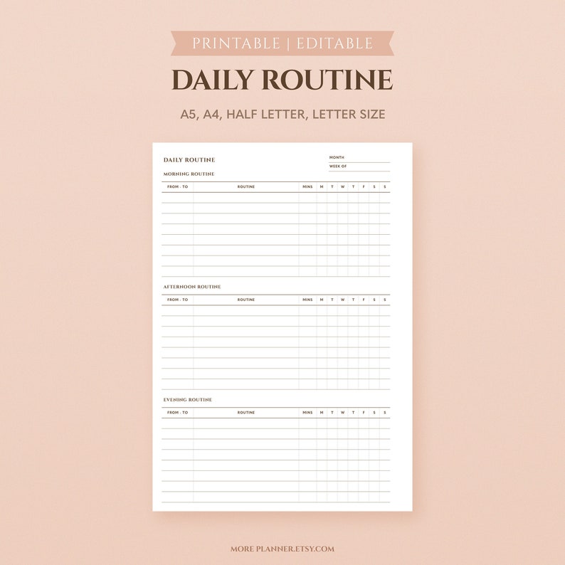 Minimal Daily Routine Printable Planner Morning, Afternoon, Night Time ...