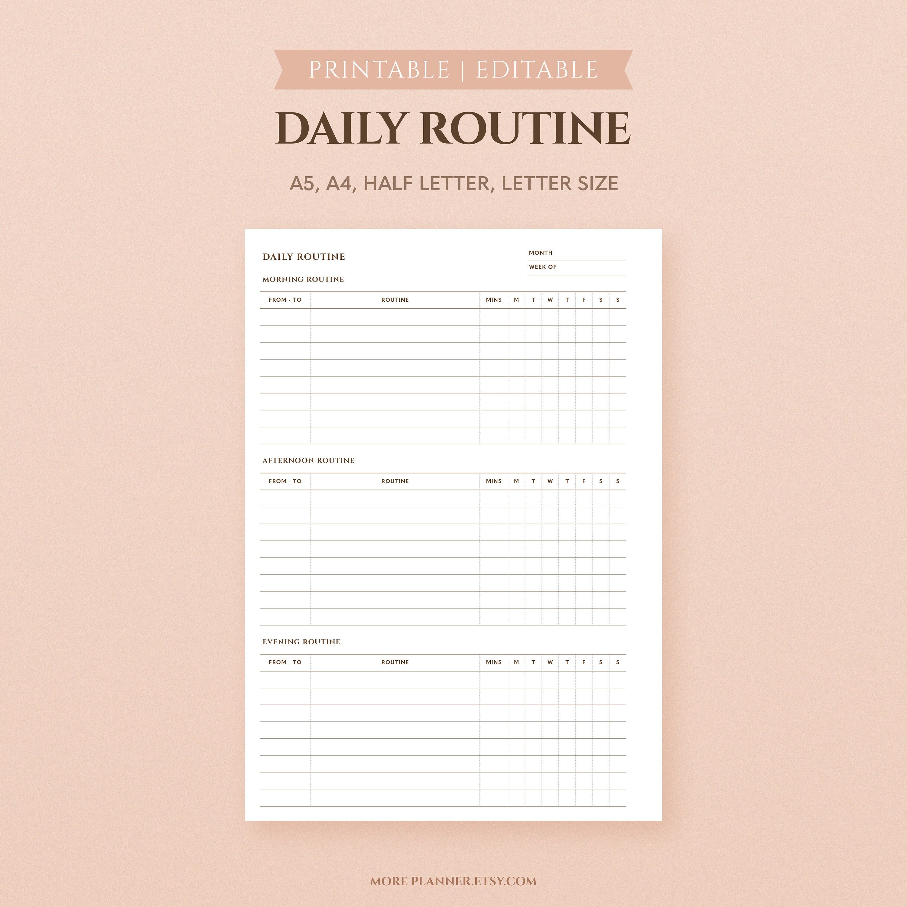 Minimal Daily Routine Printable Planner Morning, Afternoon, Night Time ...