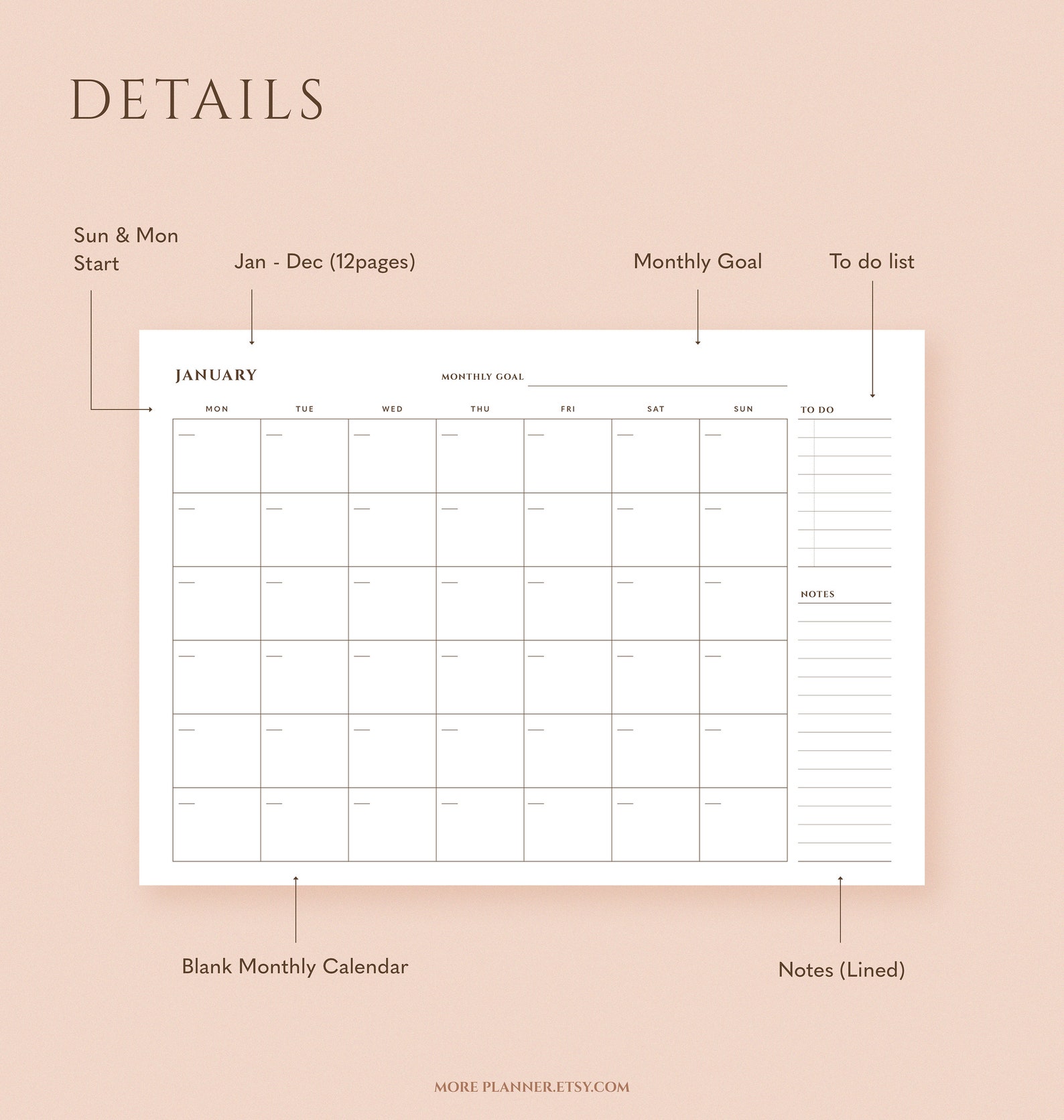 A4 Undated Monthly Desk Planner Printable, US Letter Monthly Calendar ...