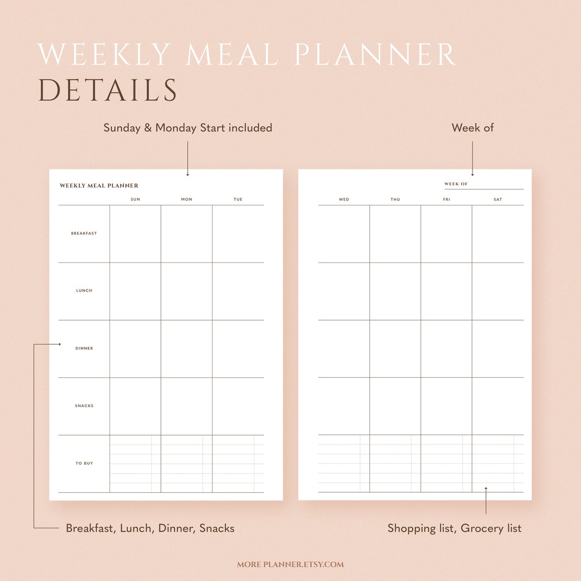 A5 Minimal Weekly Meal Planner Printable Template With Snacks - Etsy