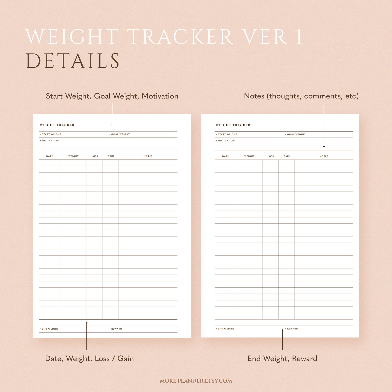 Minimal Weight Tracker Printable Inserts Weight Log Template Weight ...