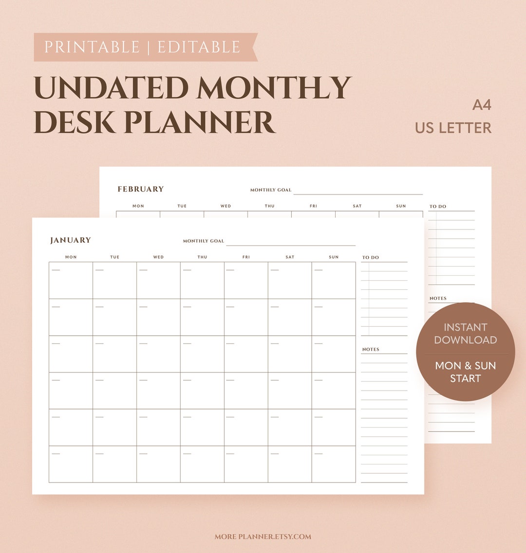 A4 Undated Monthly Desk Planner Printable US Letter Monthly - Etsy