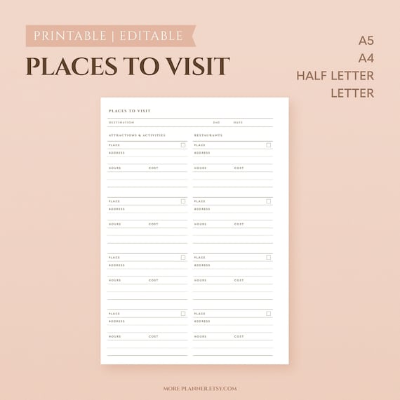 A5 Places to Visit Printable Planner Inserts Simple Travel - Etsy Australia