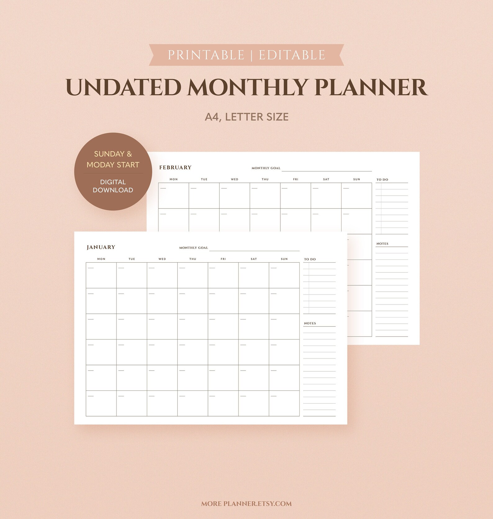A4 Undated Monthly Desk Planner Printable, US Letter Monthly Calendar ...