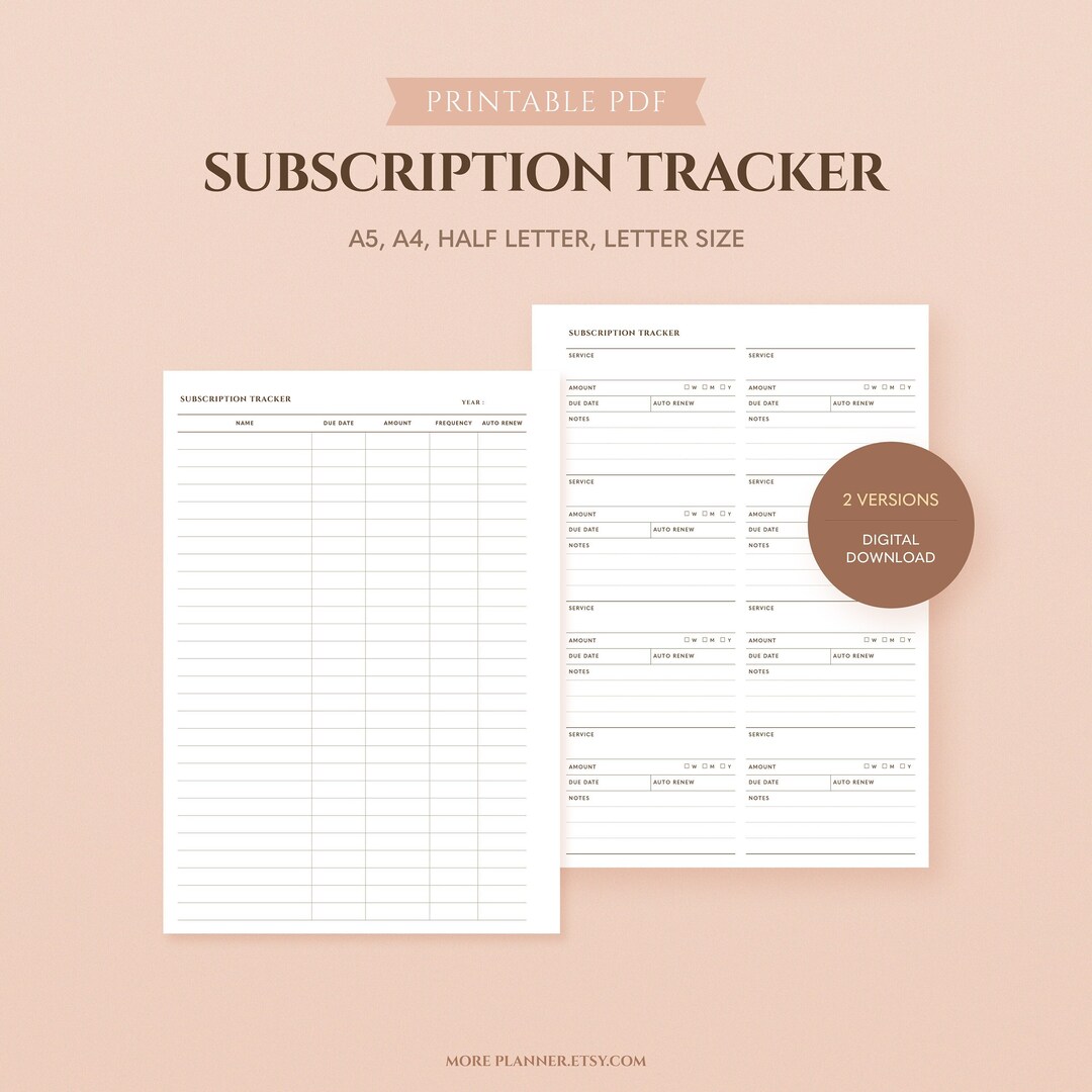 Printable Subscription Tracker Template Expense Log Membership Service ...