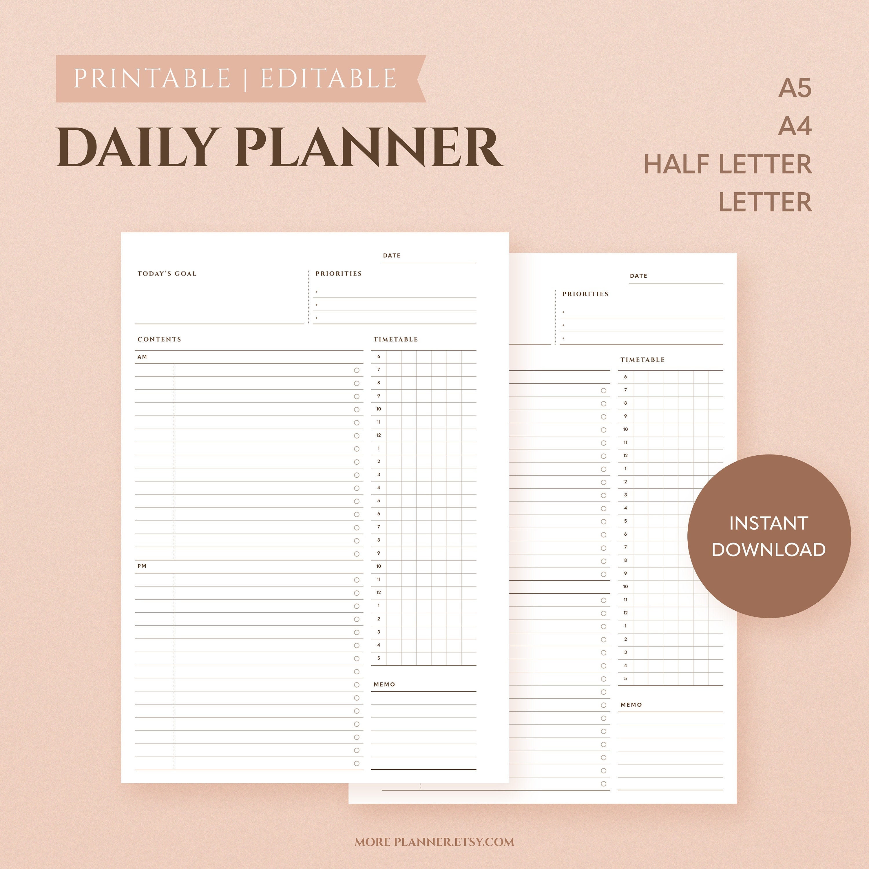 Paper Calendars & Planners Self Care Daily Planner Pink Minimal Weekly ...