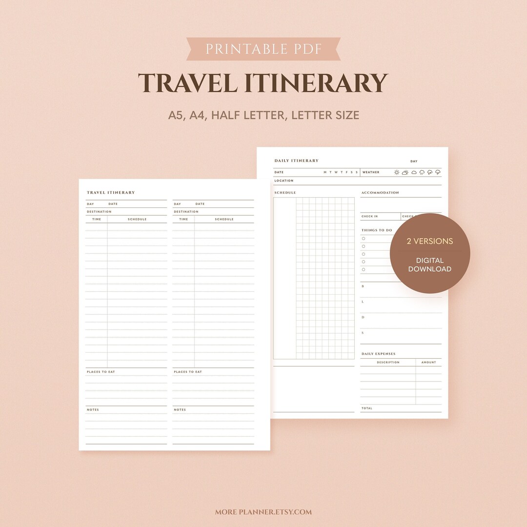 Printable Daily Travel Itinerary Template Vacation Planner Inserts ...