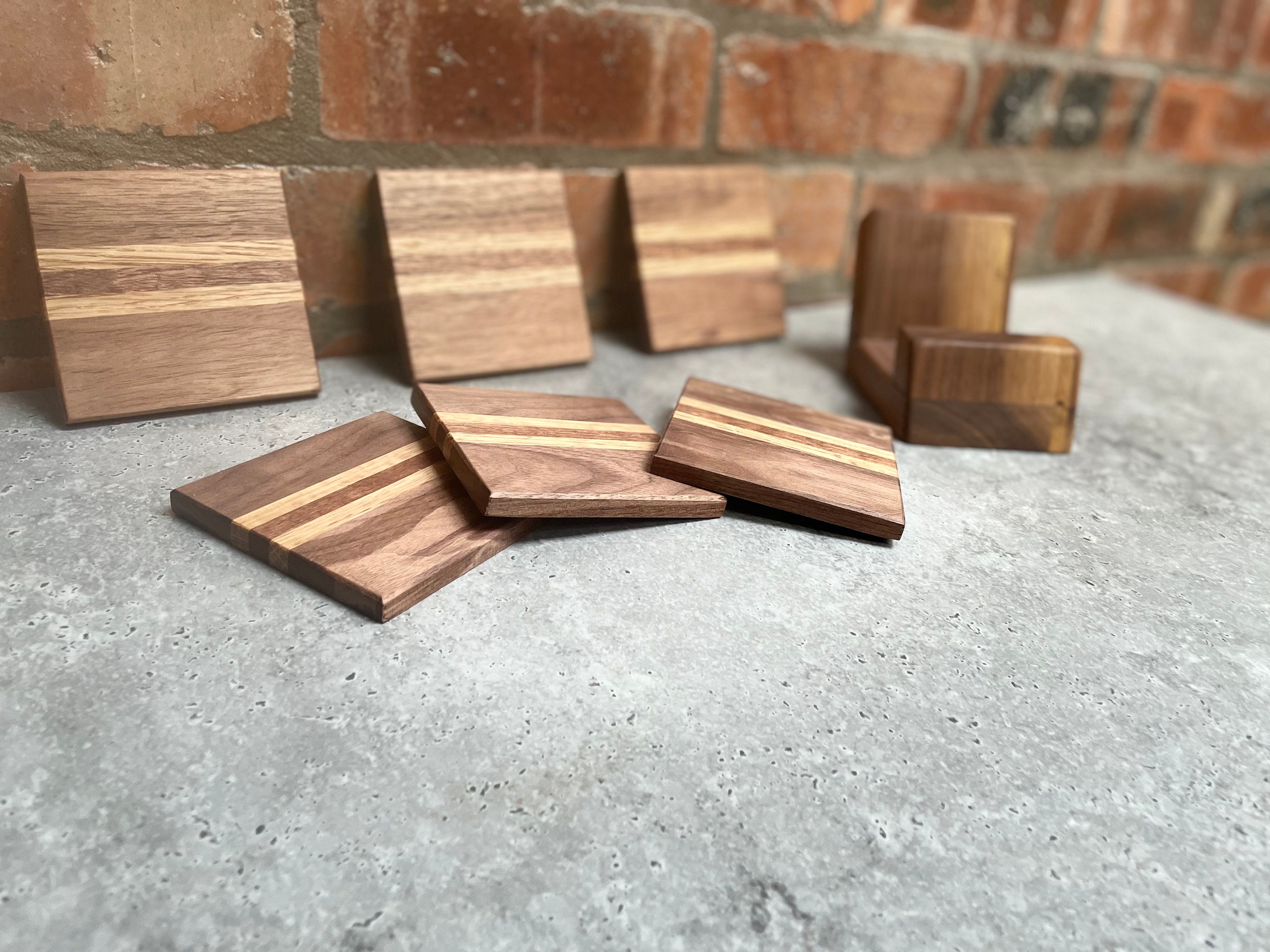 Handcrafted Walnut Coasters With Oak Strips and Holder - Etsy