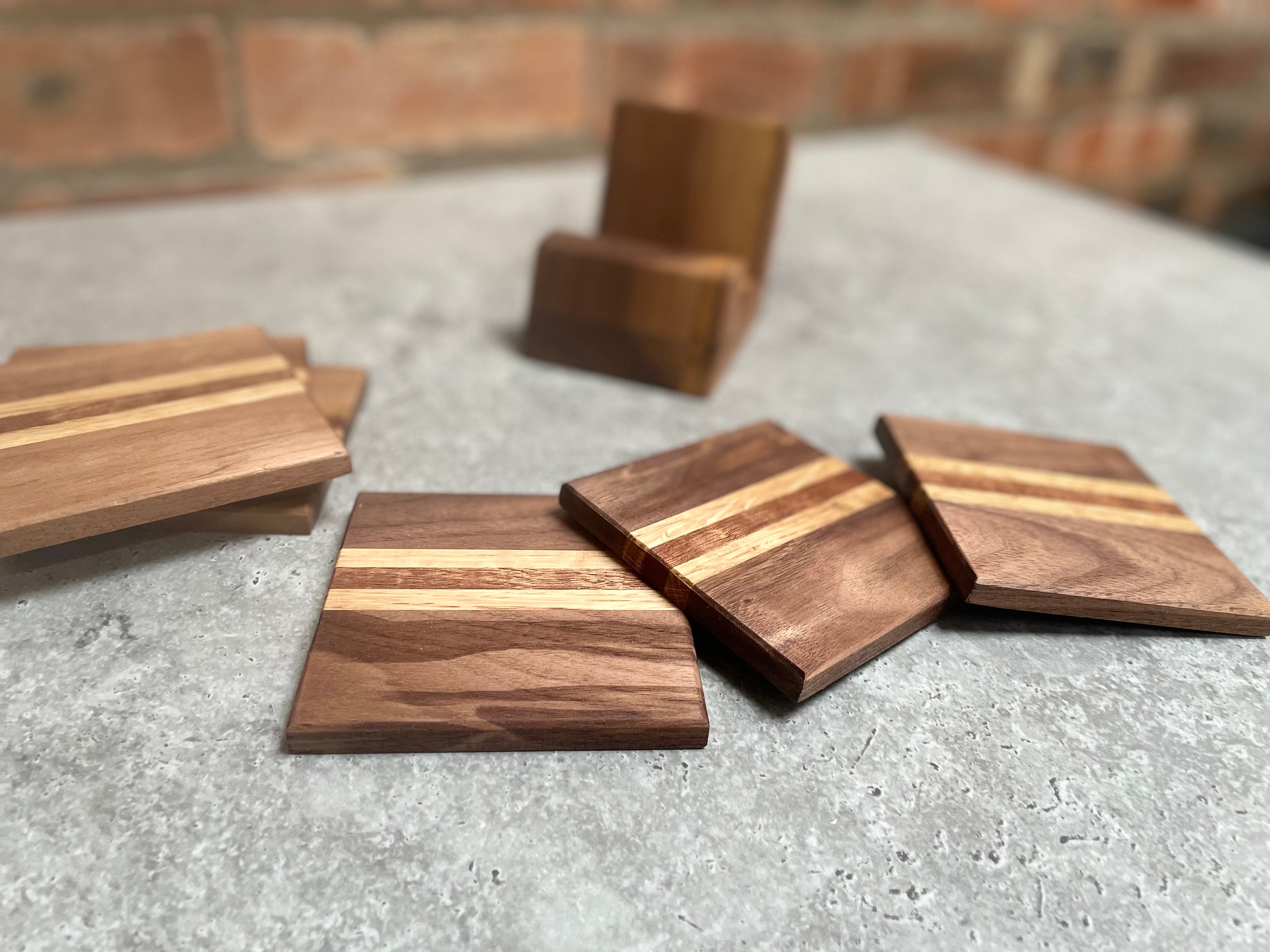 Handcrafted Walnut Coasters With Oak Strips and Holder - Etsy