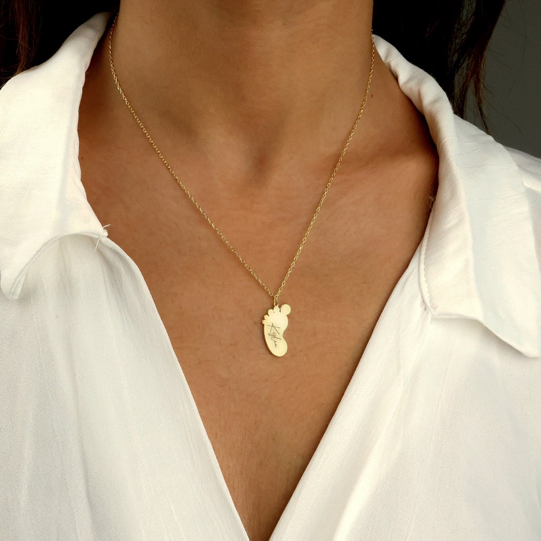 Baby Foot Custom Name Necklace, Engraved Baby Foot Name Necklace, Gold ...
