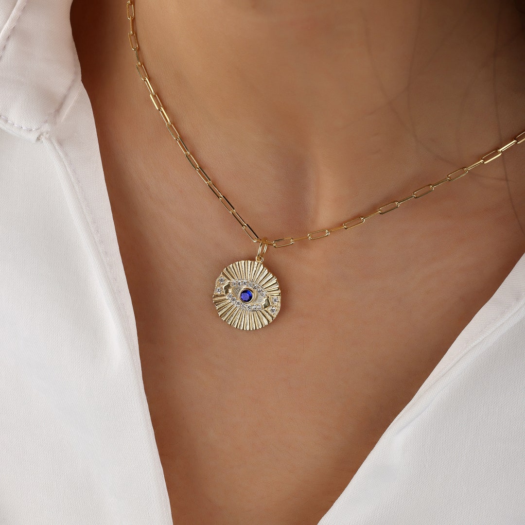 Evil Eye of Protection Coin Necklace, CZ Medallion Necklace, Gold ...