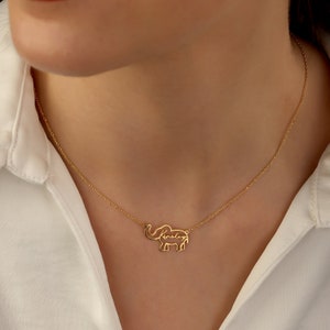 Elephant Name Necklace, Animal Name Necklace, Gold Nameplate Elephant ...