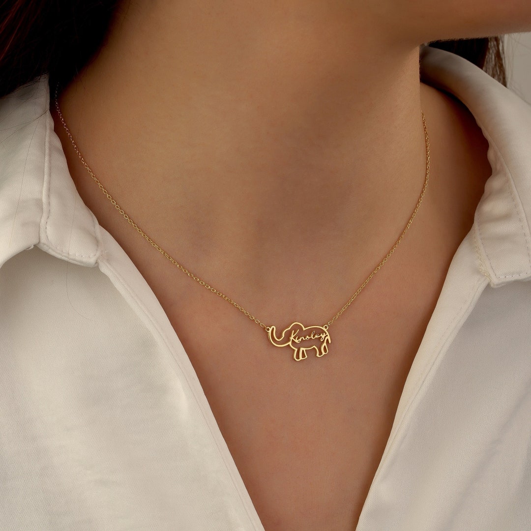 Elephant Name Necklace, Animal Name Necklace, Gold Nameplate Elephant ...
