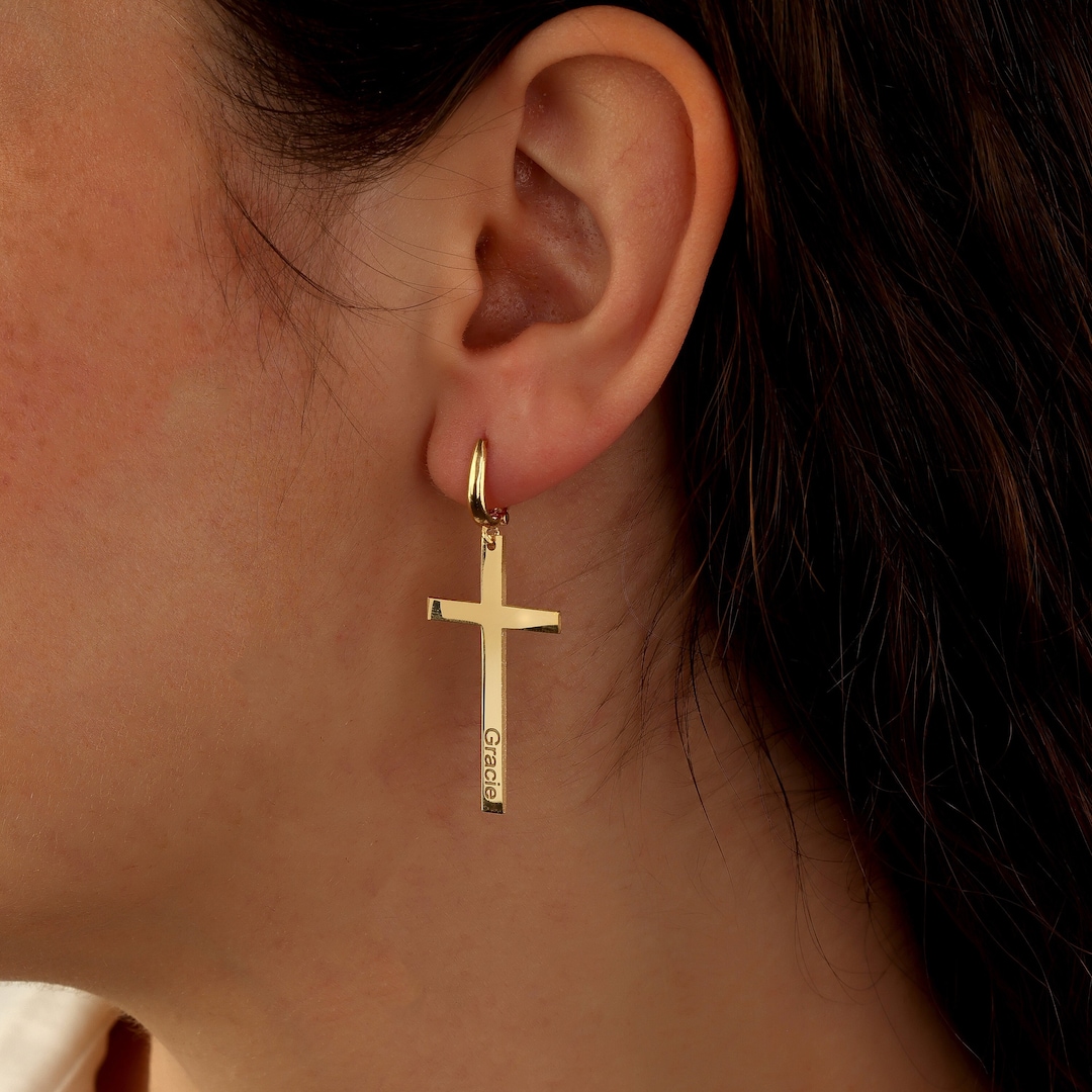 Customized Name Cross Earrings, Custom Cross Name Earring, Plate Name ...