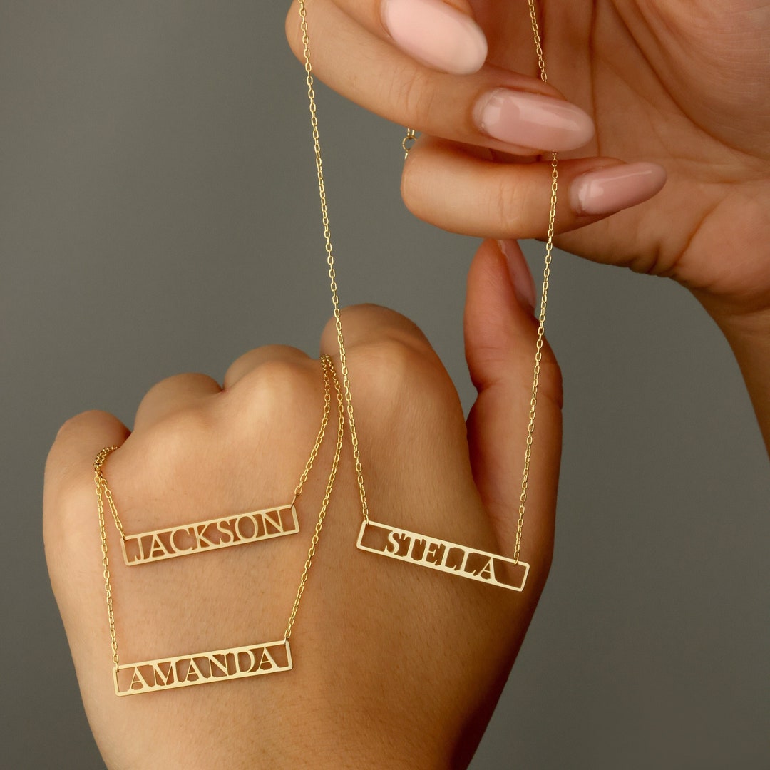 Rectangle Name Necklace, Script Plate Name Necklace, Custom Rectangle ...