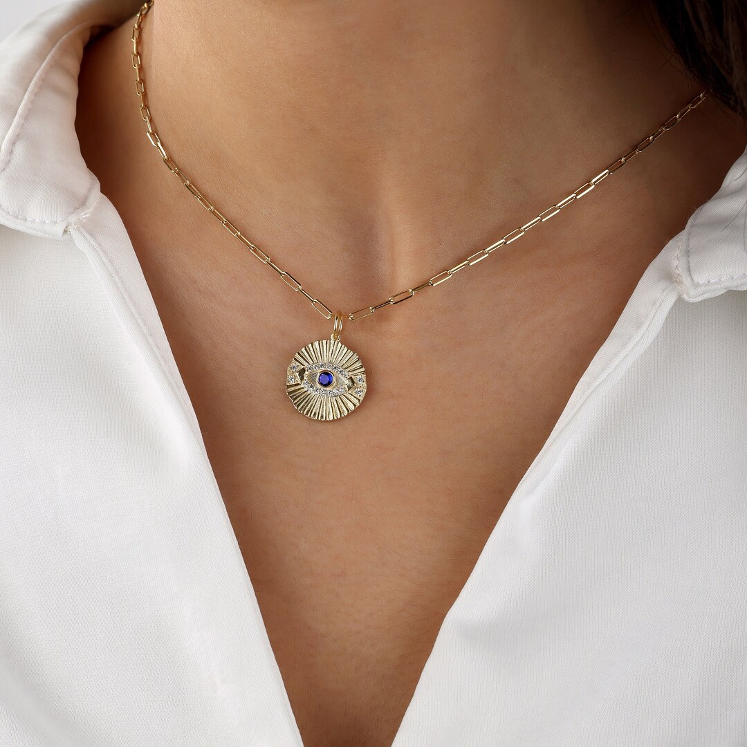 Evil Eye of Protection Coin Necklace, CZ Medallion Necklace, Gold ...