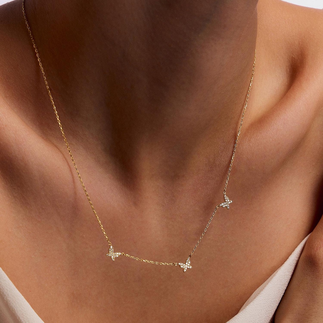 Triple Butterfly Necklace, Three Sparkling CZ Butterflies, Dainty ...