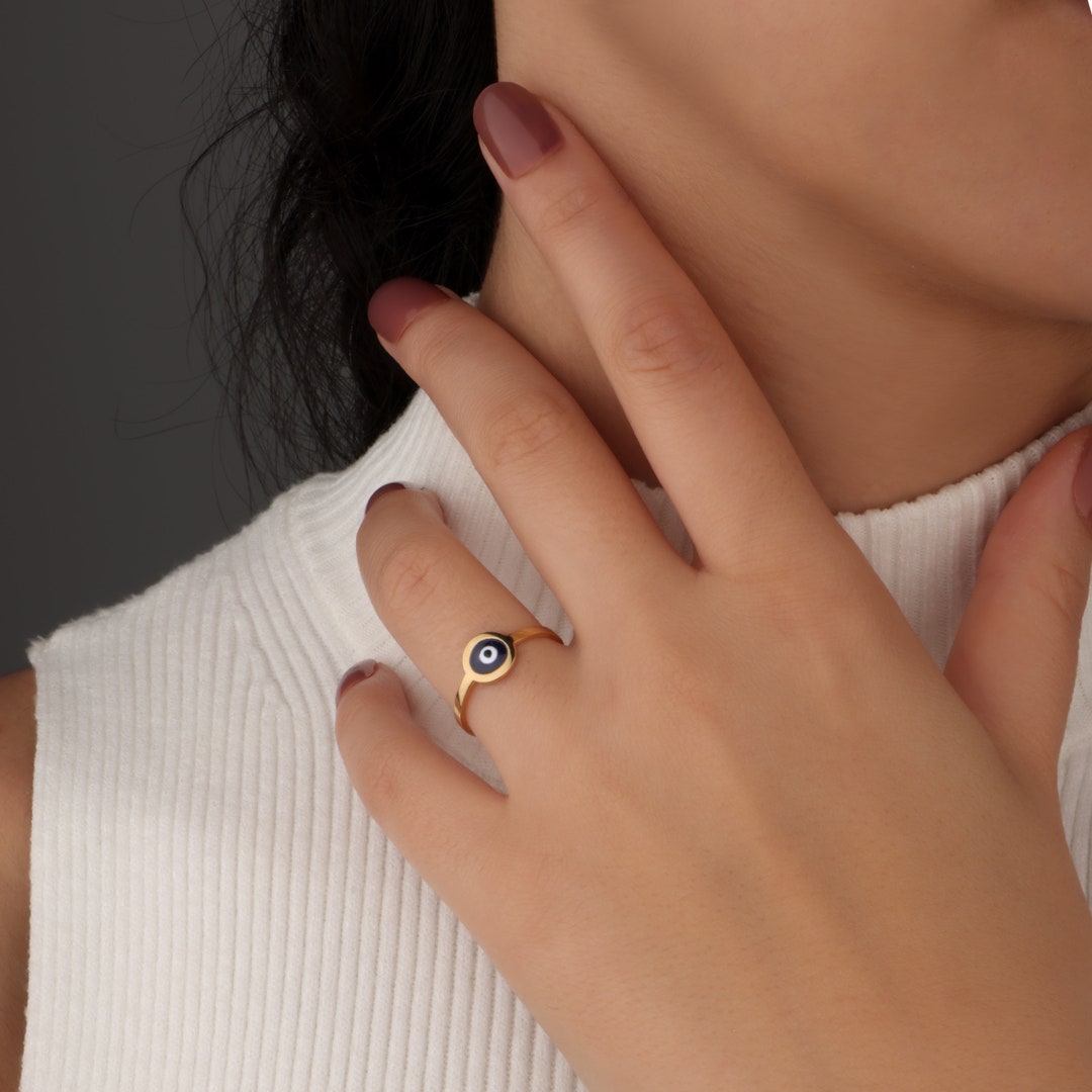 Dainty Evil Eye Bead Ring, Protective Luck Ring, Gold Plated Evil Eye ...