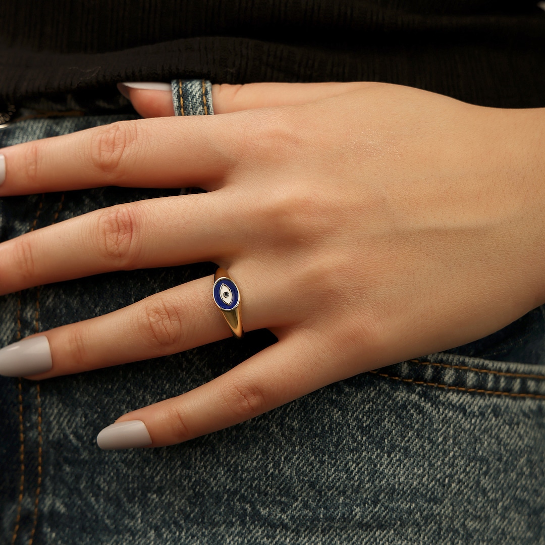 18k Gold Plated Evil Eye Ring, Enamel Evil Eye Ring, Knight Ring ...