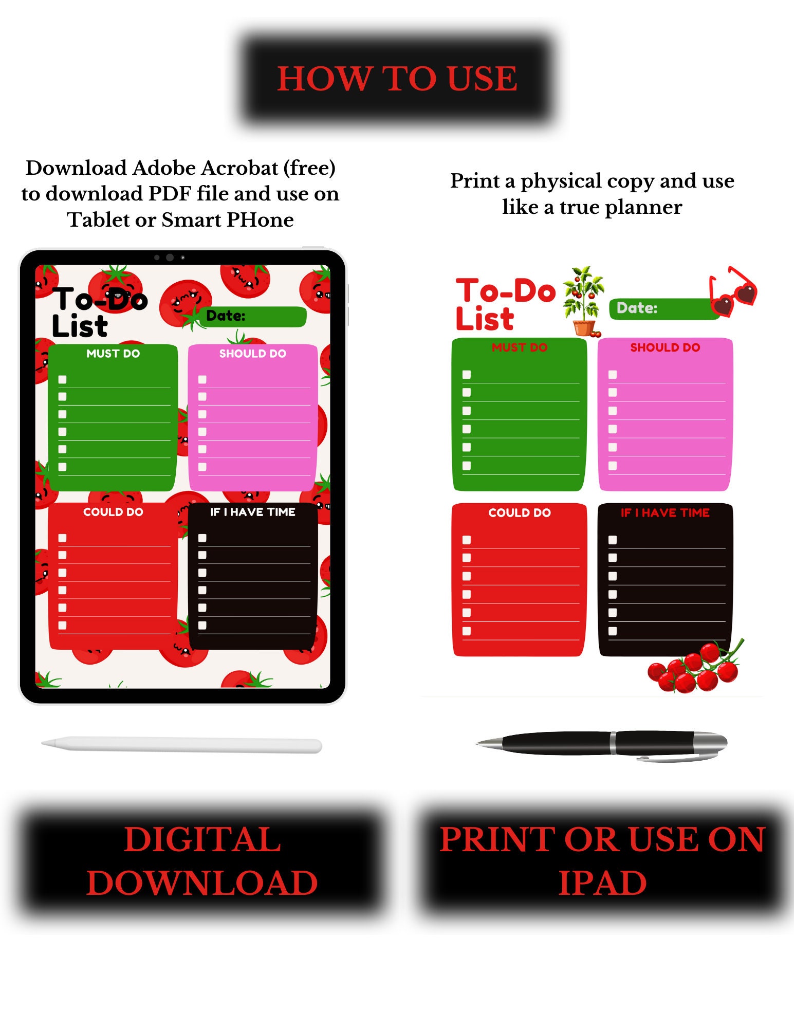 Tomato Girl to Do List, to Do Template, Undated to Do List, Digital ...