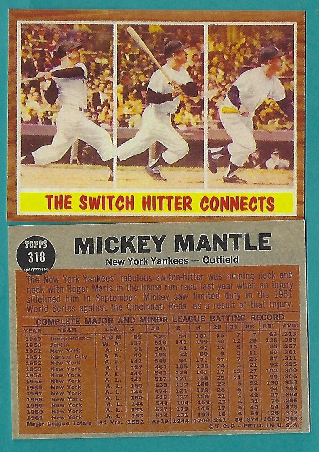 Mickey Mantle Switch Hitter 1962 Novelty Card Reprint 318 Yankees My ...