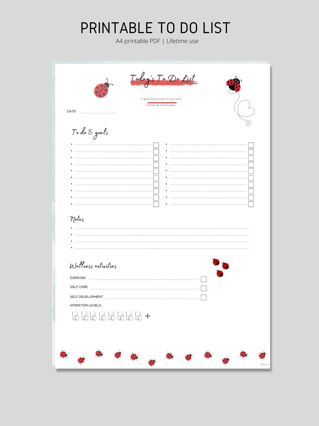 Printable Wellness to Do List Ladybird Daily Printable Planner, Self ...