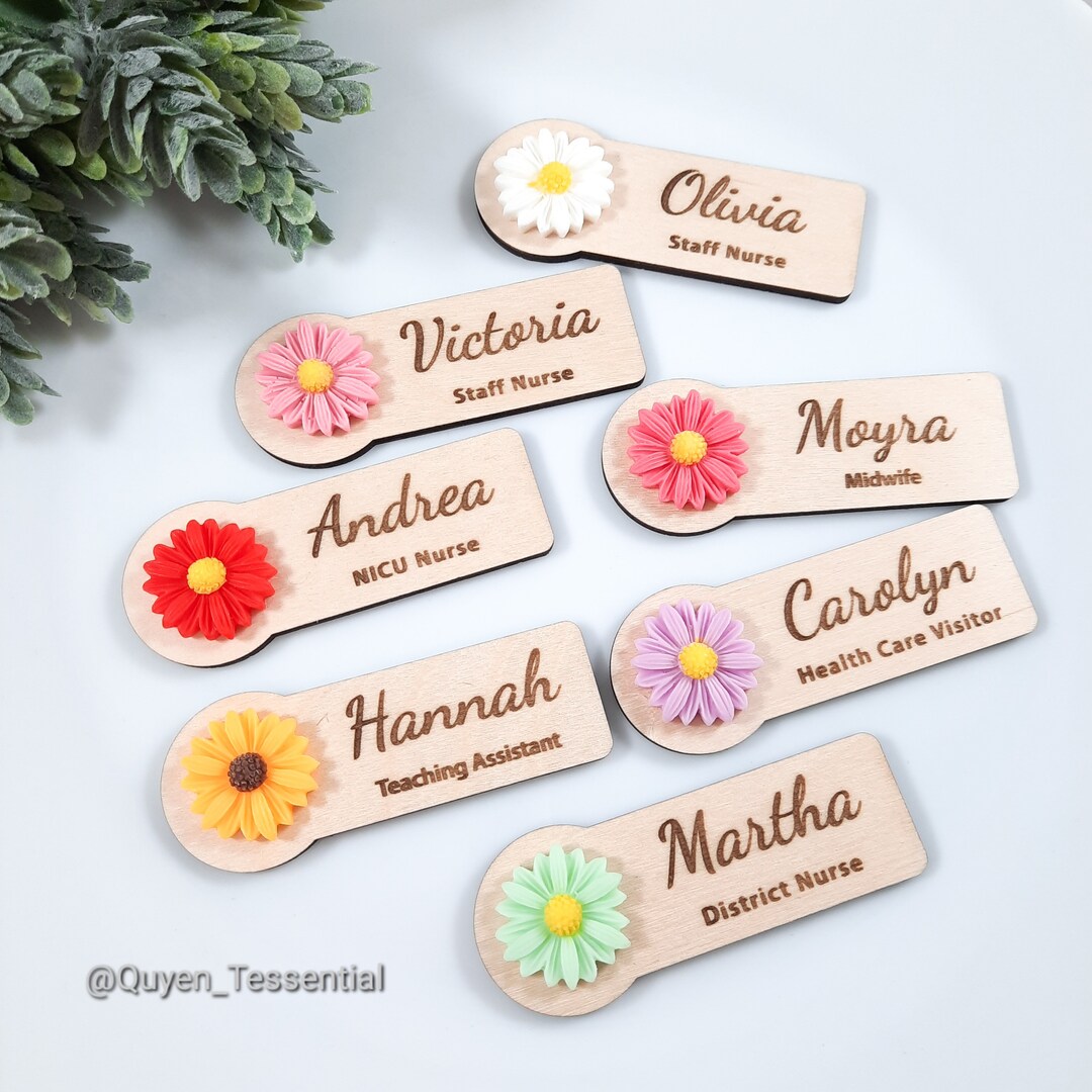 Personalized 3D Daisy Flower Name Badge: Engraved Wooden Staff ID - Etsy