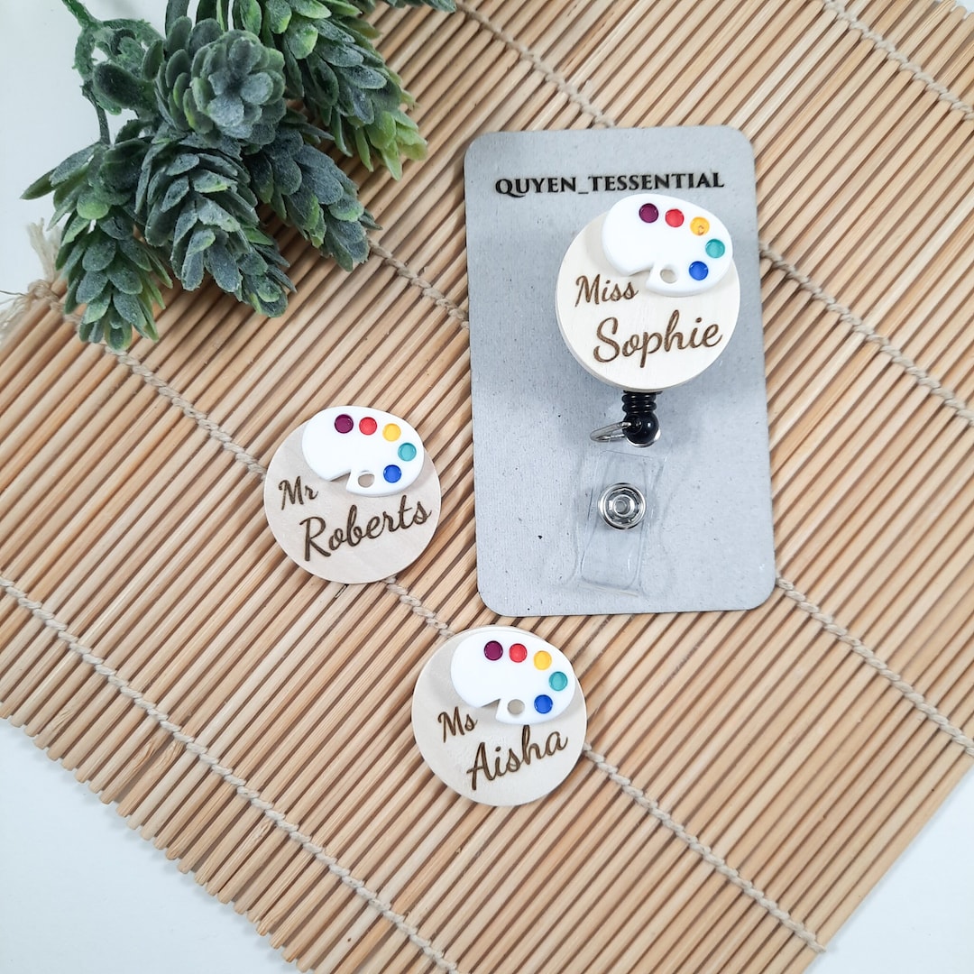 Art Teacher Name Badge - Personalized 3D Badge Reel - Wooden ID Badge ...