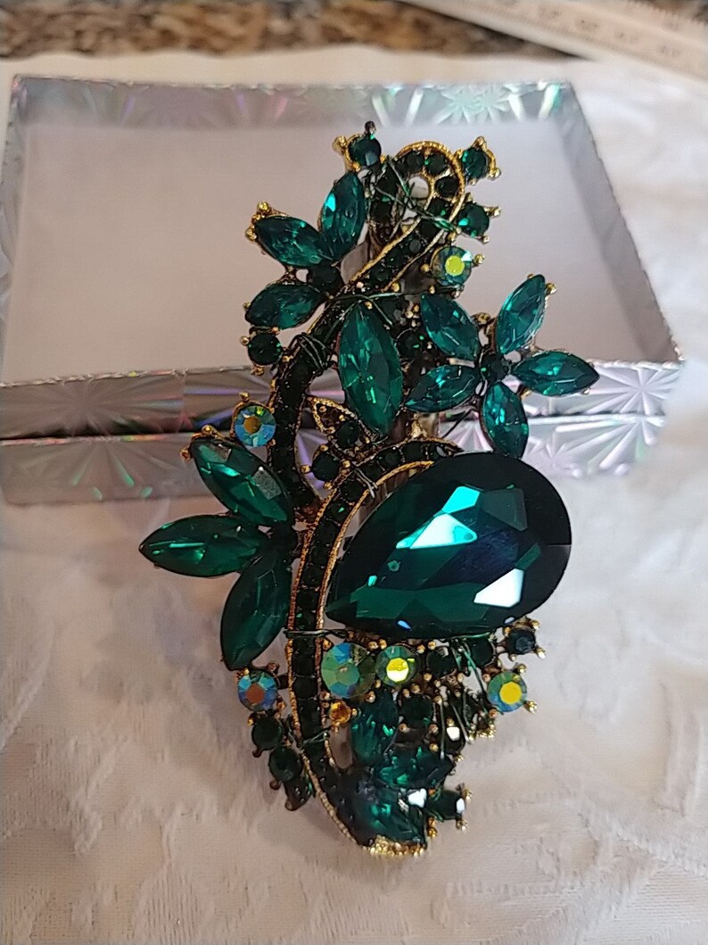 Emerald Green & AB Crystal Rhinestone CZ Gold Floral French Hair ...