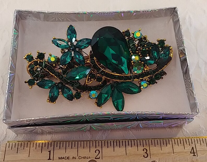 Emerald Green & AB Crystal Rhinestone CZ Gold Floral French Hair ...